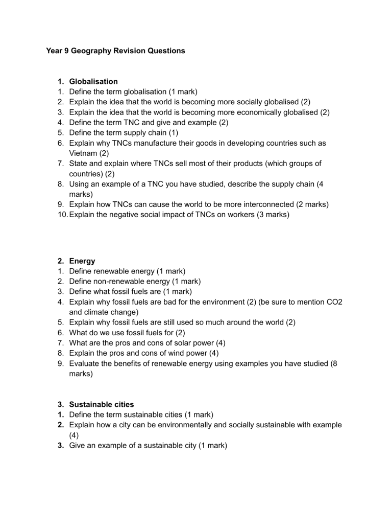 Year 9 Geography Revision Questions