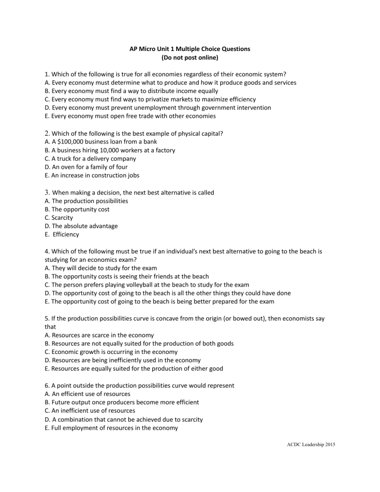 AP Micro Unit 1 Multiple Choice Questions