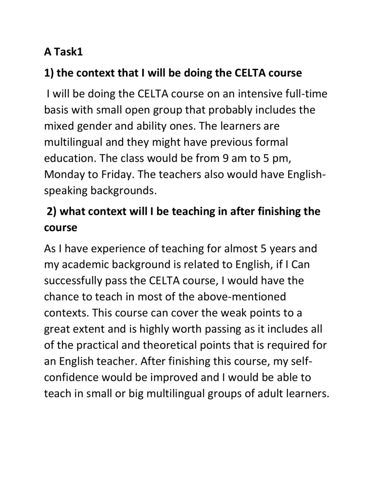CELTA Course Tasks: Teaching Contexts & Adult Learners