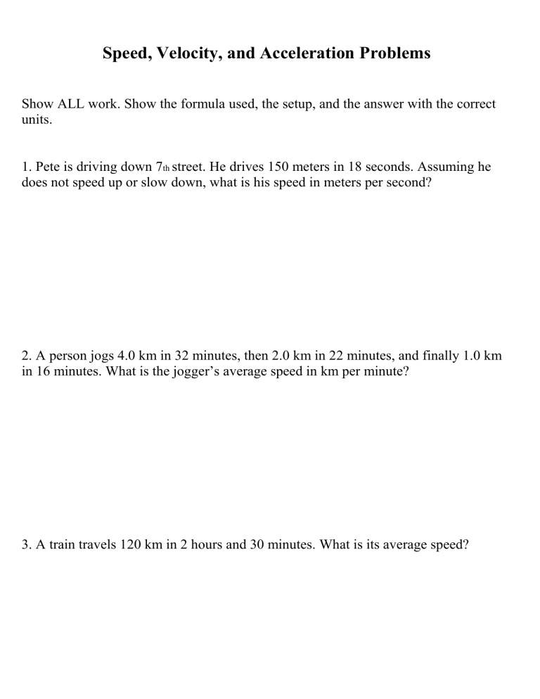 Speed, Velocity, and Acceleration Problems Worksheet