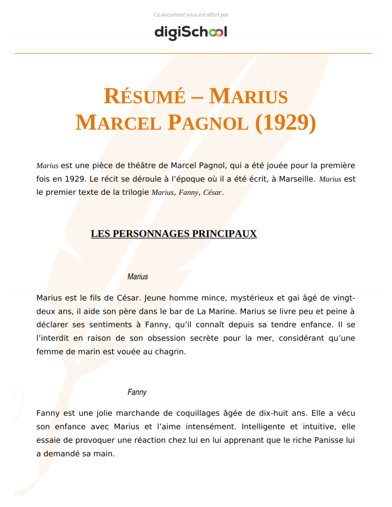 Marius de Marcel Pagnol: Résumé de la pièce et analyse des personnages