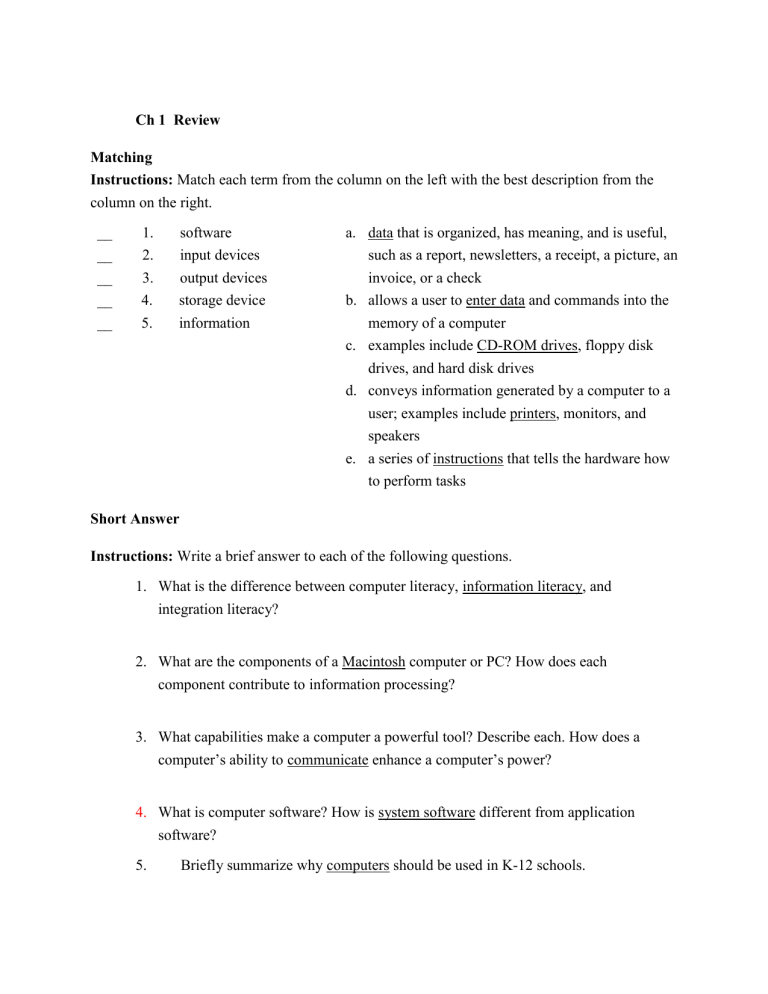 Computer Literacy Chapter Review Worksheet