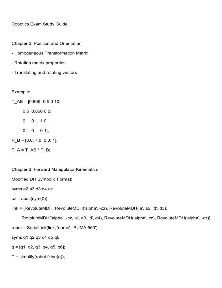 Robotics Exam Study Guide: Kinematics & Transformations