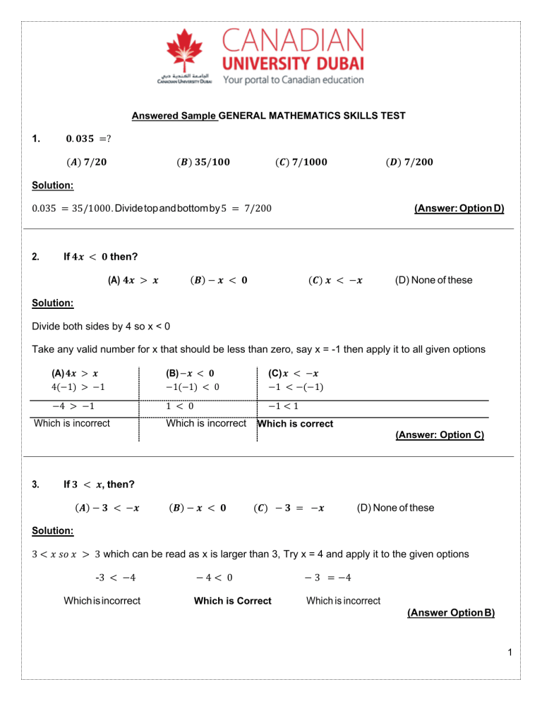General Math Skills Test Sample with Solutions