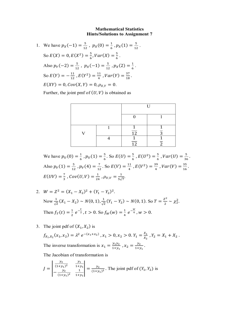 Mathematical Statistics Assignment Hints/Solutions