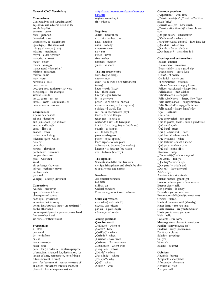 Lista de Vocabulario Español para Exámenes CXC