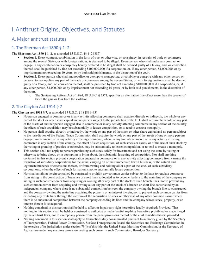 Antitrust Law Notes: Sherman & Clayton Acts Summary