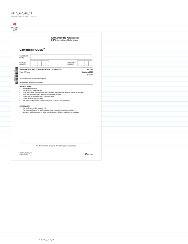 IGCSE ICT Paper 1 Theory: May/June 2022
