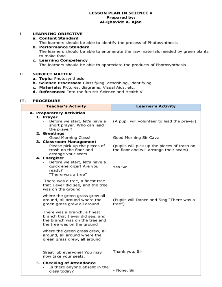 Photosynthesis Lesson Plan for Elementary Science