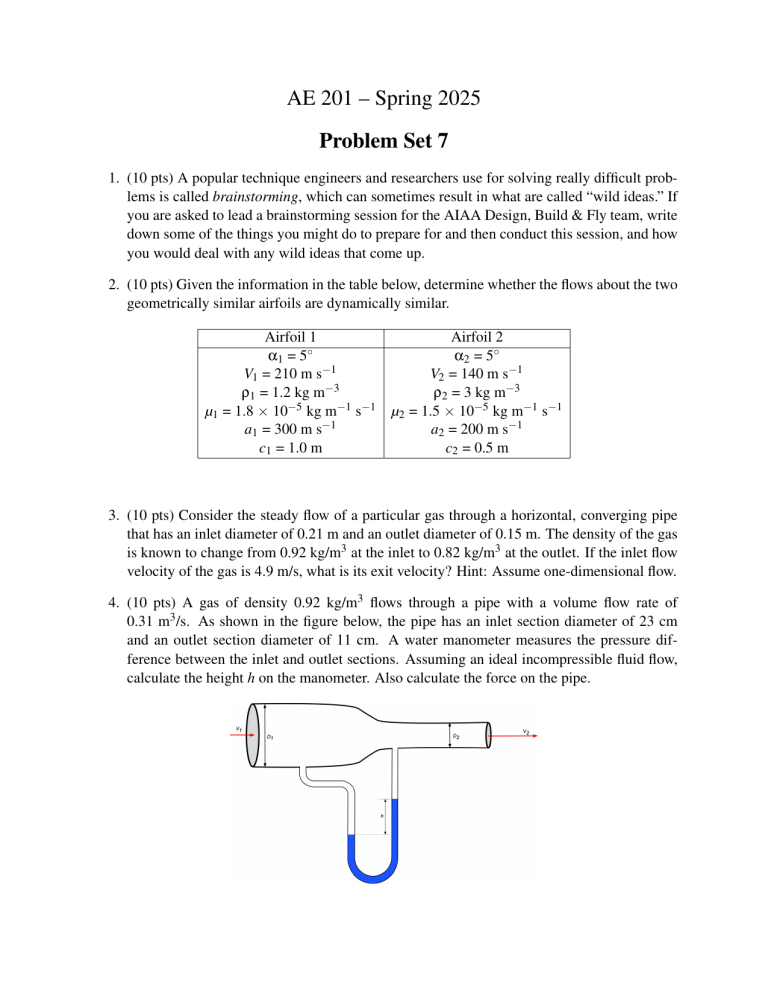 AE 201 Aerospace Engineering Problem Set 7 - Spring 2025