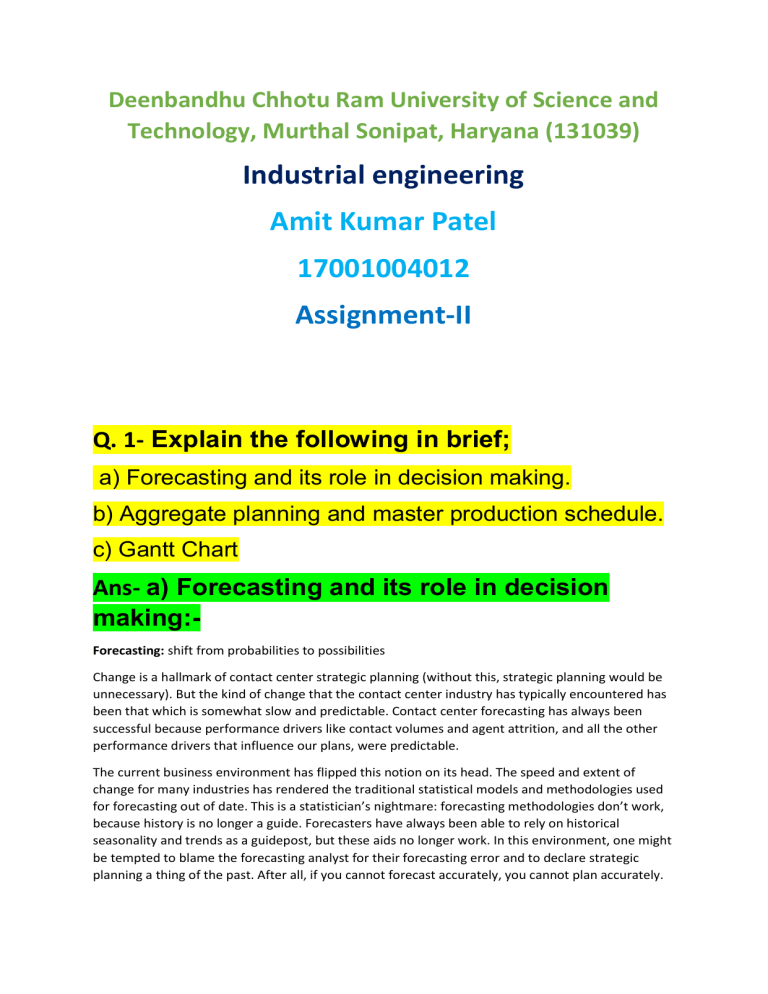 Forecasting, Planning & Gantt Charts: Industrial Engineering Assignment