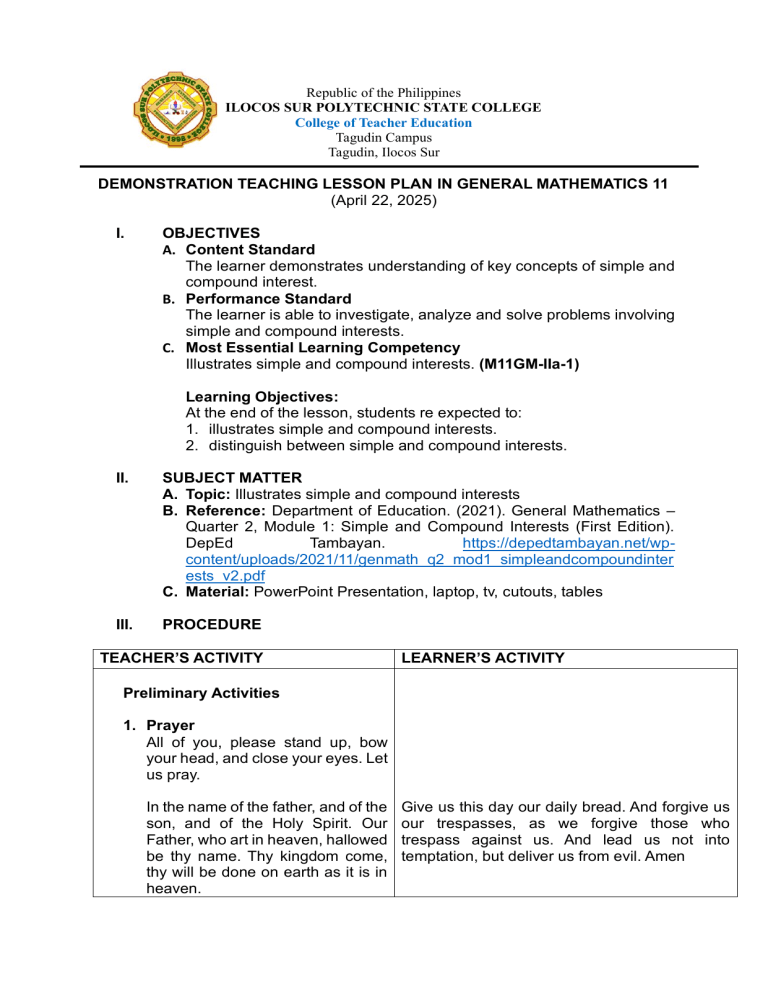 Simple & Compound Interest Lesson Plan - General Math 11