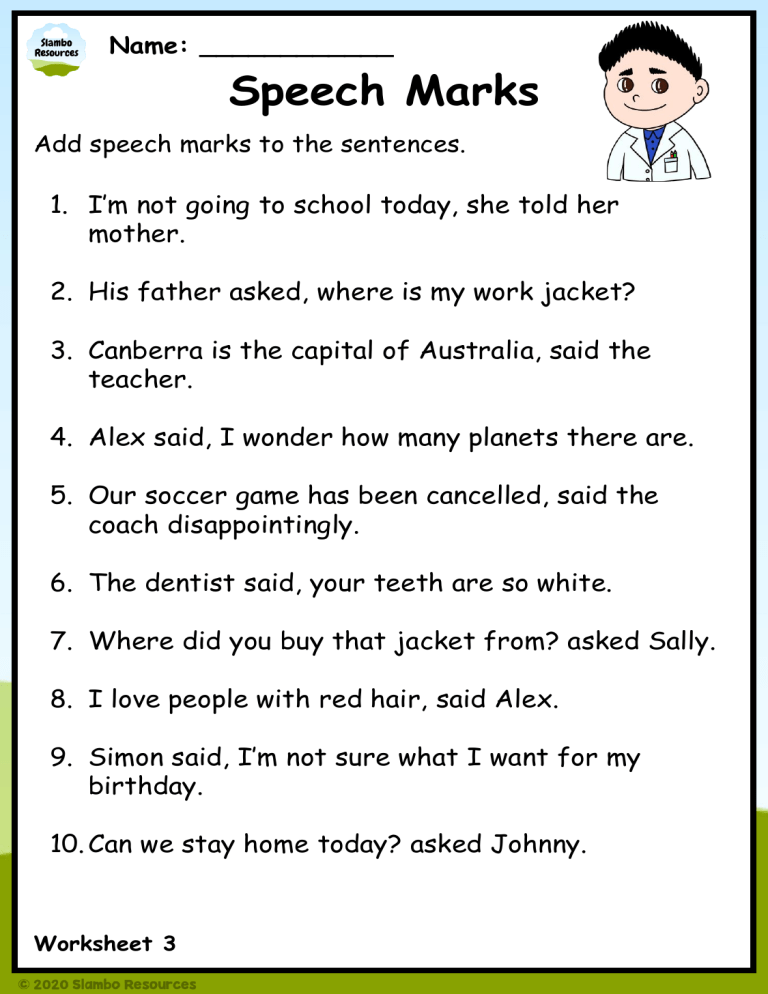 Speech Marks Worksheet: Punctuation Practice