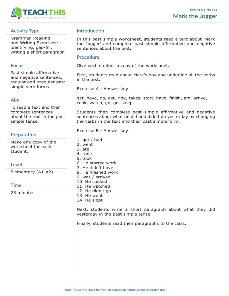 Past Simple Tense Worksheet: Mark the Jogger