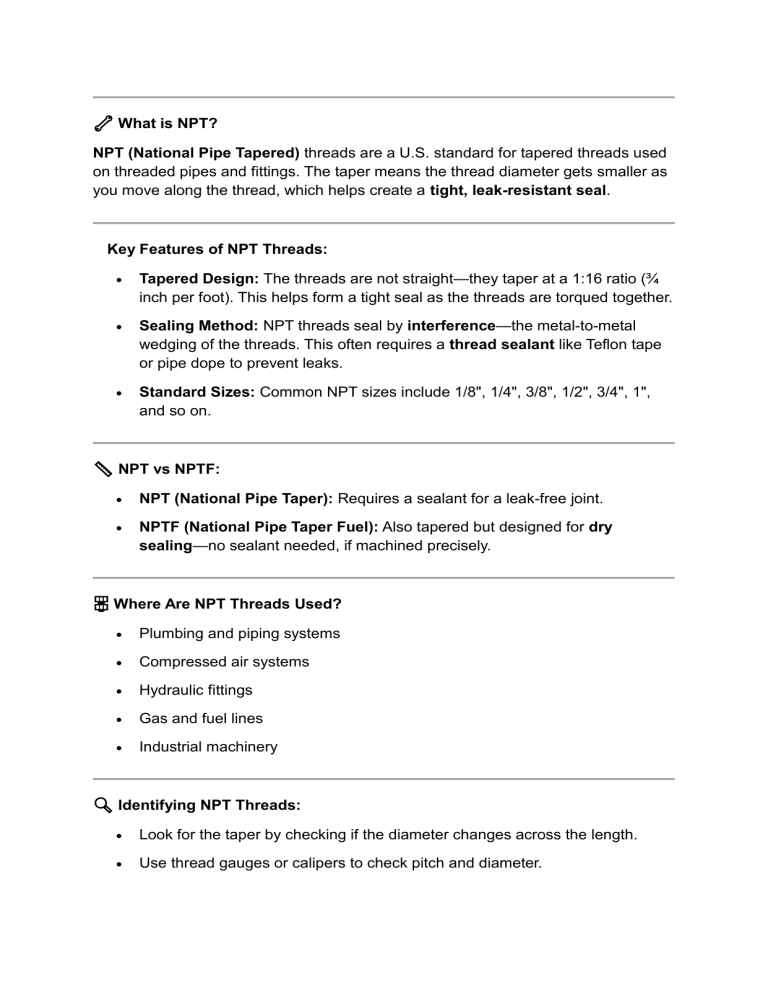 Understanding NPT Threads: Features, Uses, and Identification