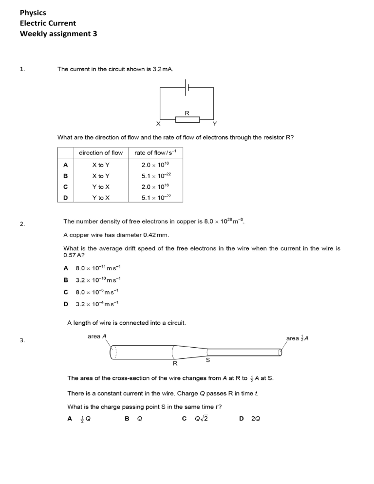 Electric Current Physics Assignment: Problems & Solutions