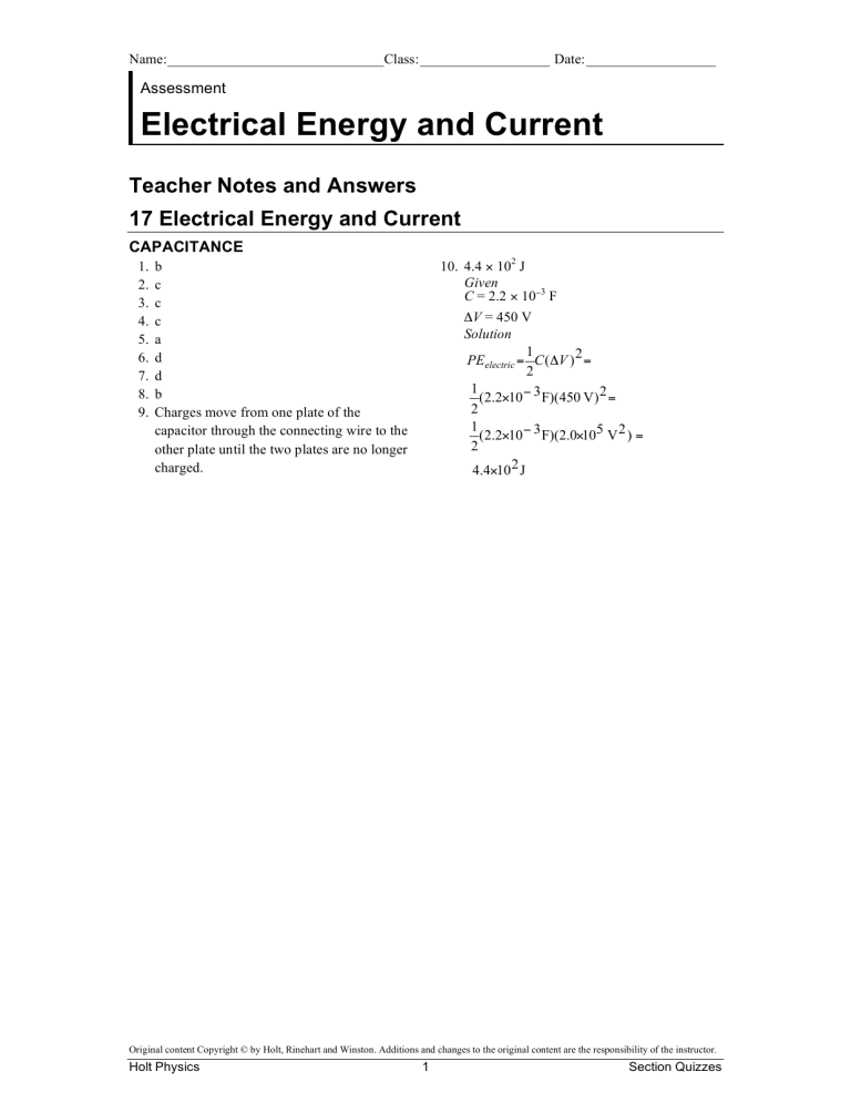 Electrical Energy & Capacitance Quiz - Holt Physics