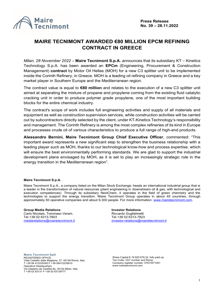 Maire Tecnimont Awarded Refining Contract in Greece