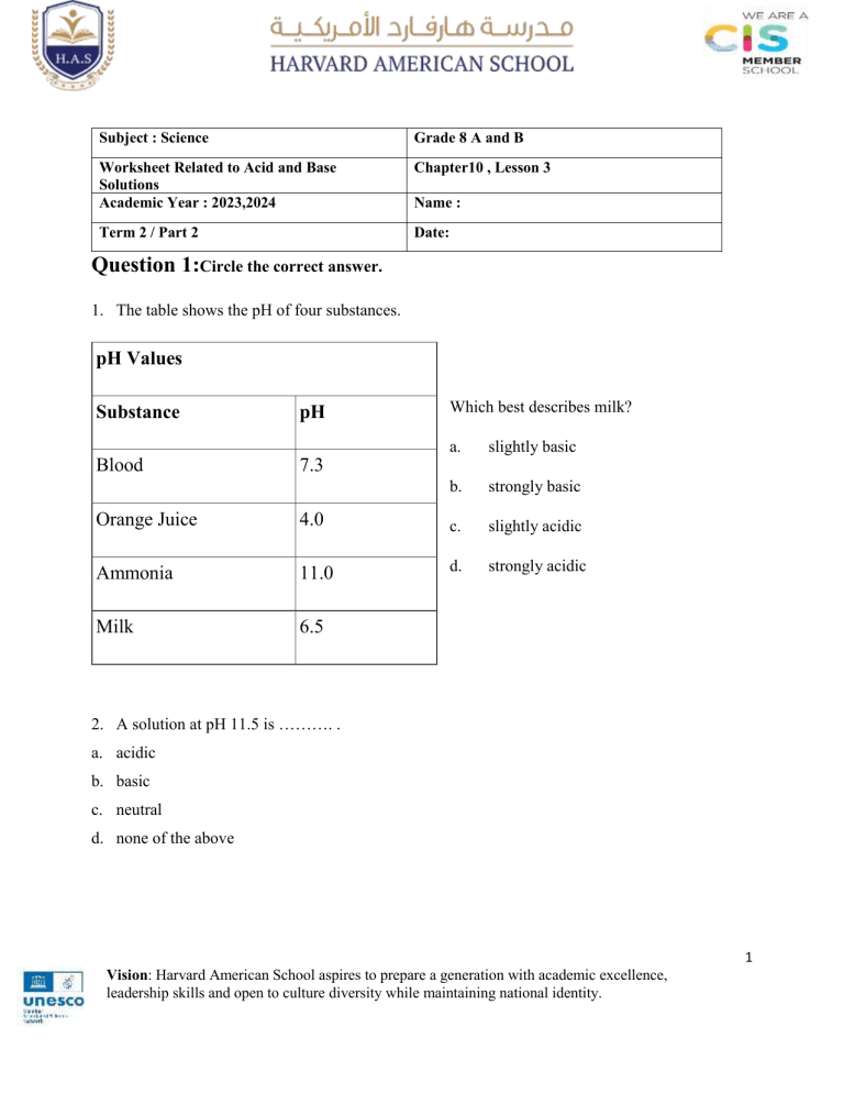 Acids and Bases Worksheet - Grade 8 Science