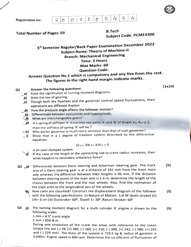 Theory of Machine-II Exam Paper - Mechanical Engineering
