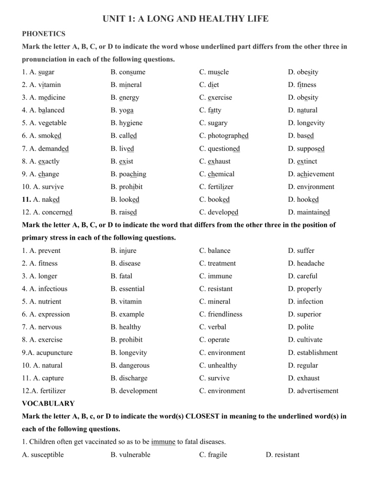 Health & Wellness Worksheet: Phonetics, Vocab, Grammar