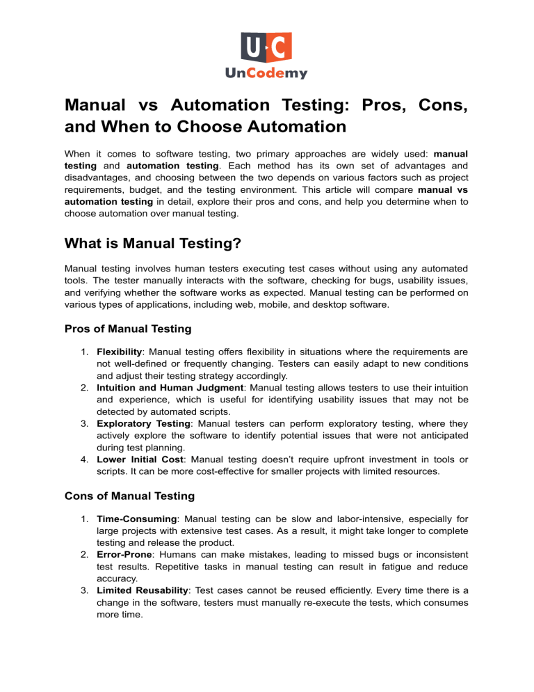 Manual vs Automation Testing: Pros, Cons, When to Choose
