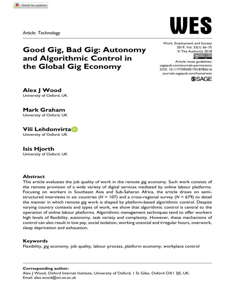 Gig Economy: Autonomy & Algorithmic Control Research