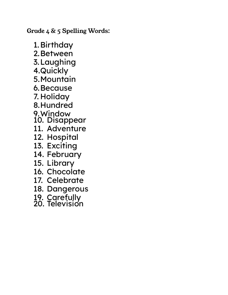 Grade 4 & 5 Spelling Words List