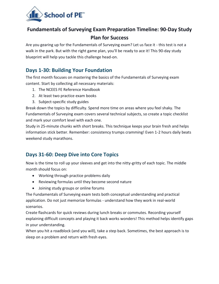 Fundamentals of Surveying Exam: 90-Day Study Plan