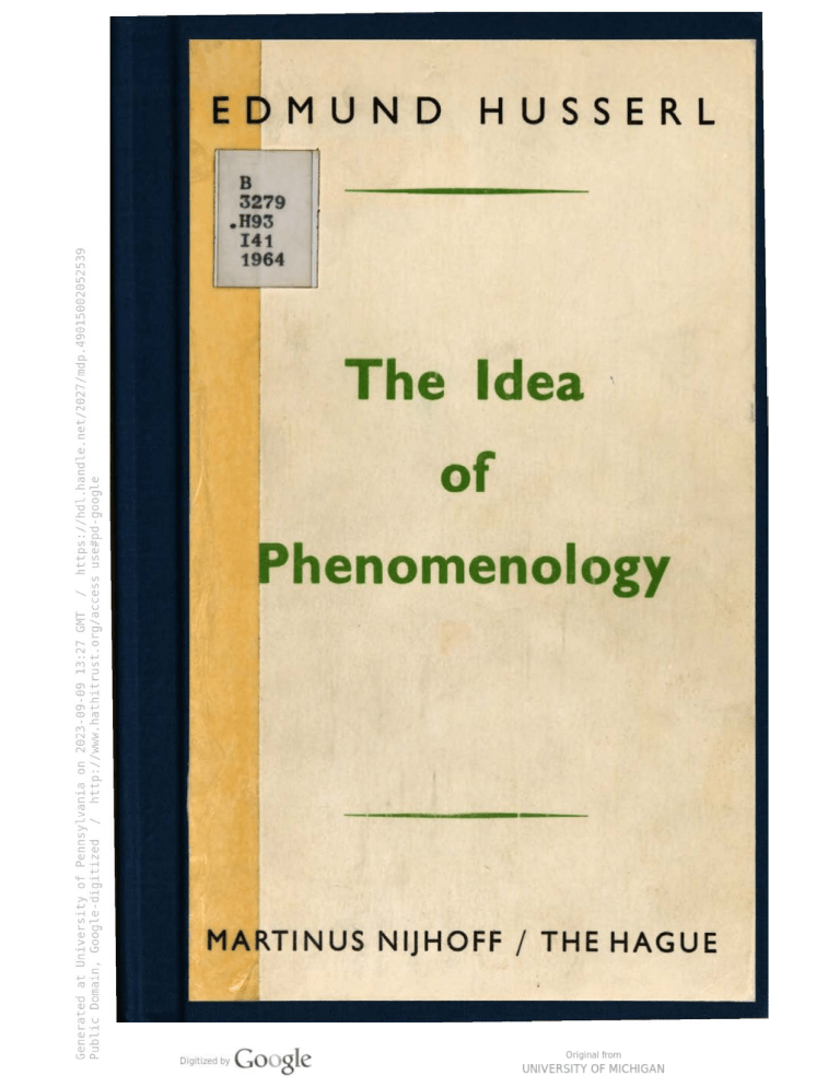 The Idea of Phenomenology by Edmund Husserl
