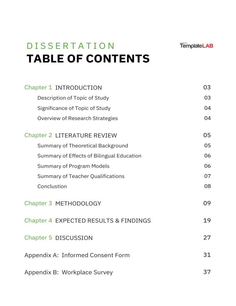 Dissertation Table of Contents: Bilingual Education