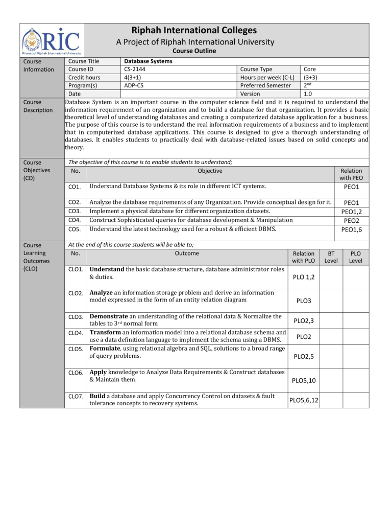 Database Systems Course Outline - Riphah International Colleges