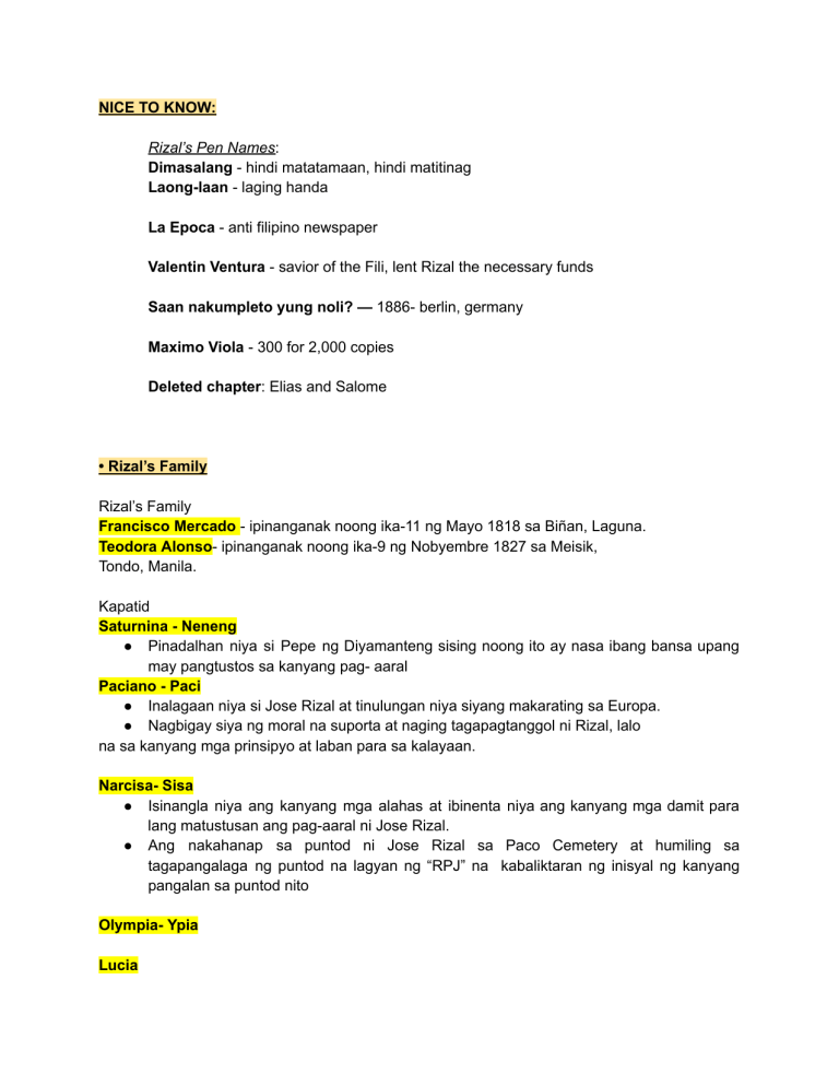 Jose Rizal: Pen Names, Family, Romances, Education