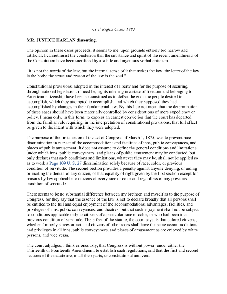 Civil Rights Cases 1883: Harlan's Dissent