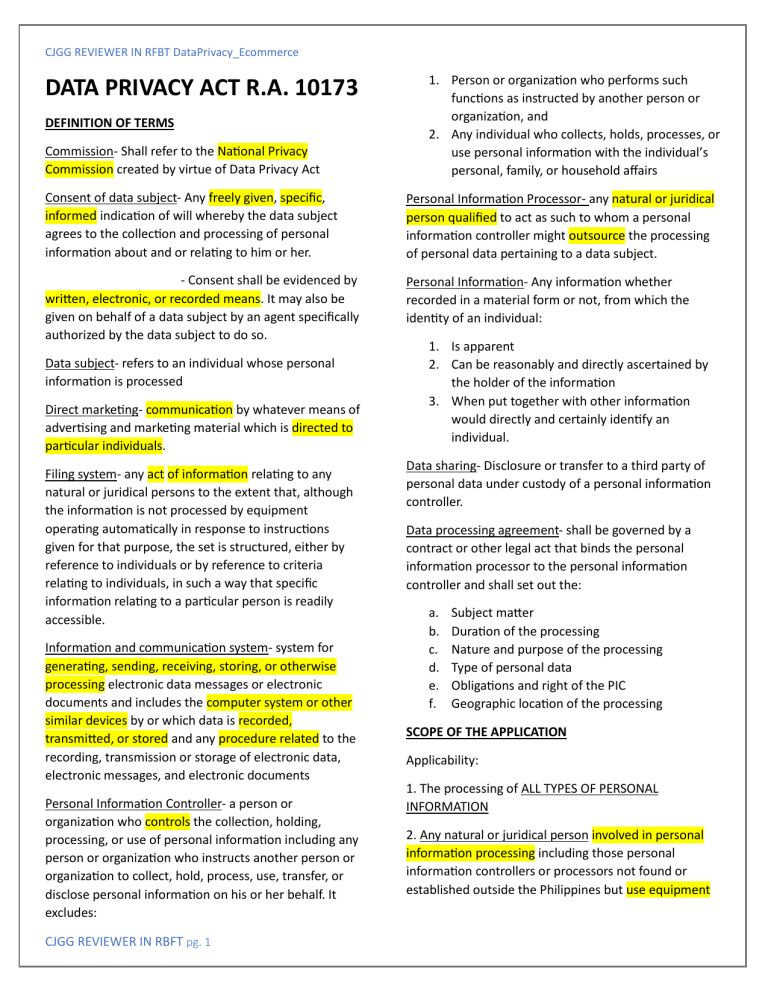 Data Privacy Act & E-commerce Reviewer: Key Definitions & Principles