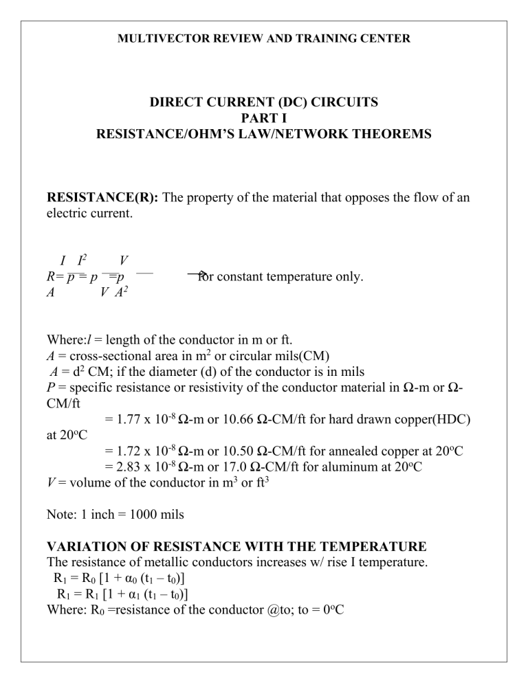DC Circuits: Resistance, Ohm's Law, Network Theorems
