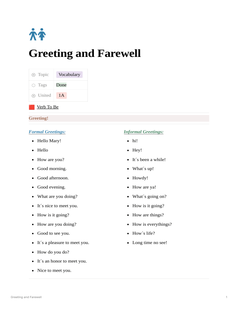 English Greetings & Farewells: Vocabulary List