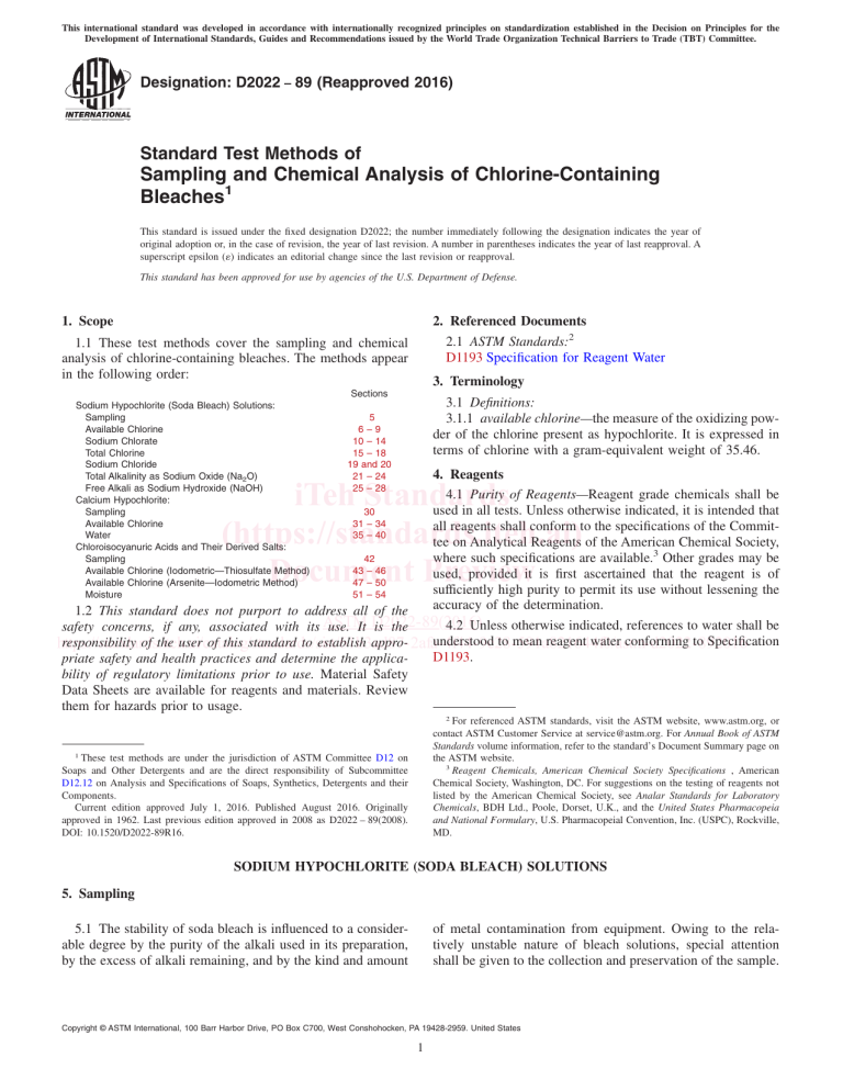 Chlorine Bleach Analysis: Standard Test Methods