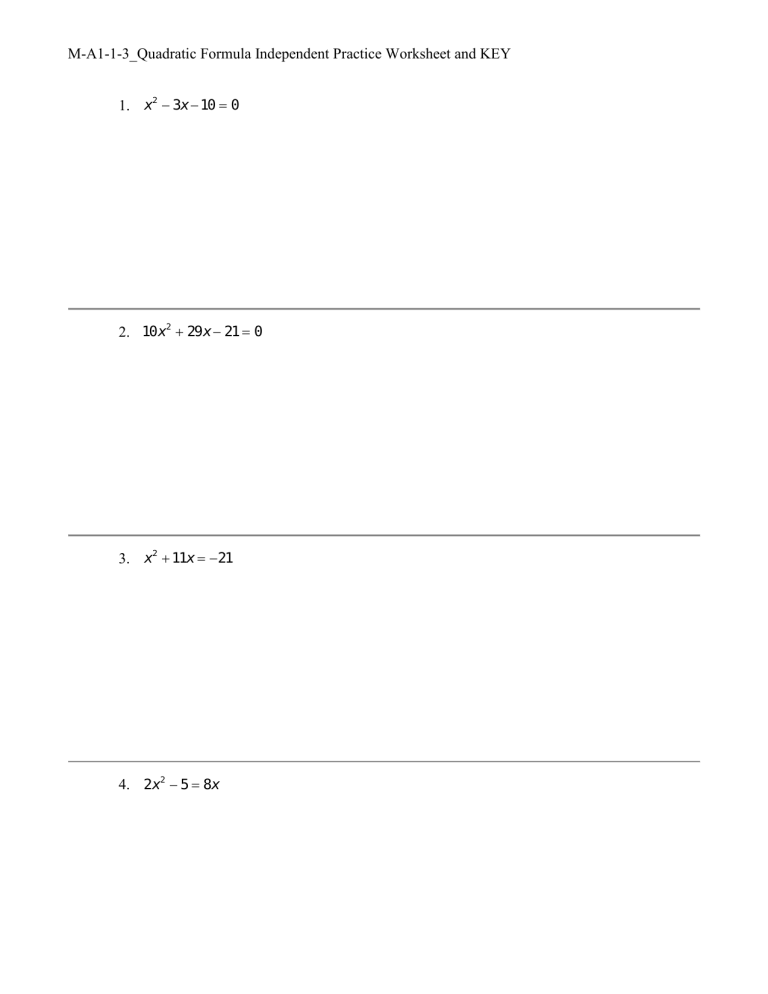 Quadratic Formula Worksheet with Key