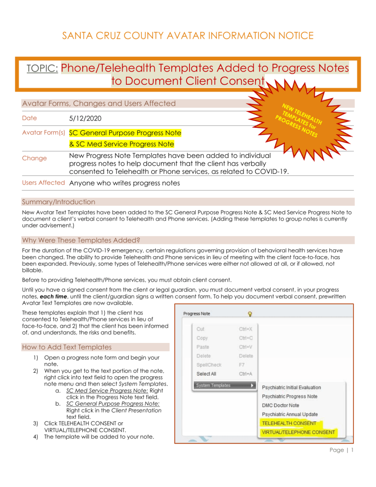 Telehealth Progress Note Templates: Santa Cruz County