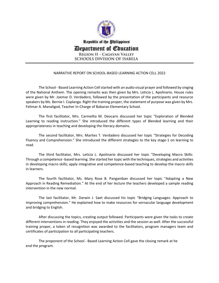 School-Based Learning Action Cell Narrative Report 2022