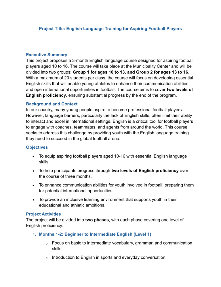 English Language Training for Football Players Project Proposal