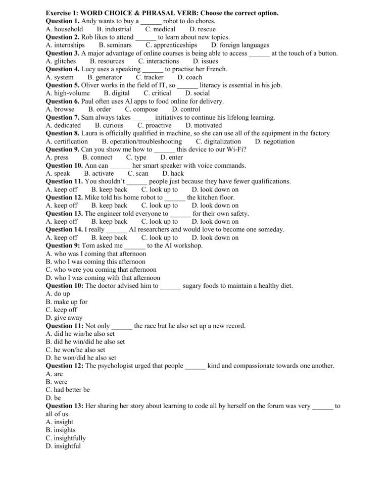 Word Choice & Phrasal Verbs Exercise Sheet