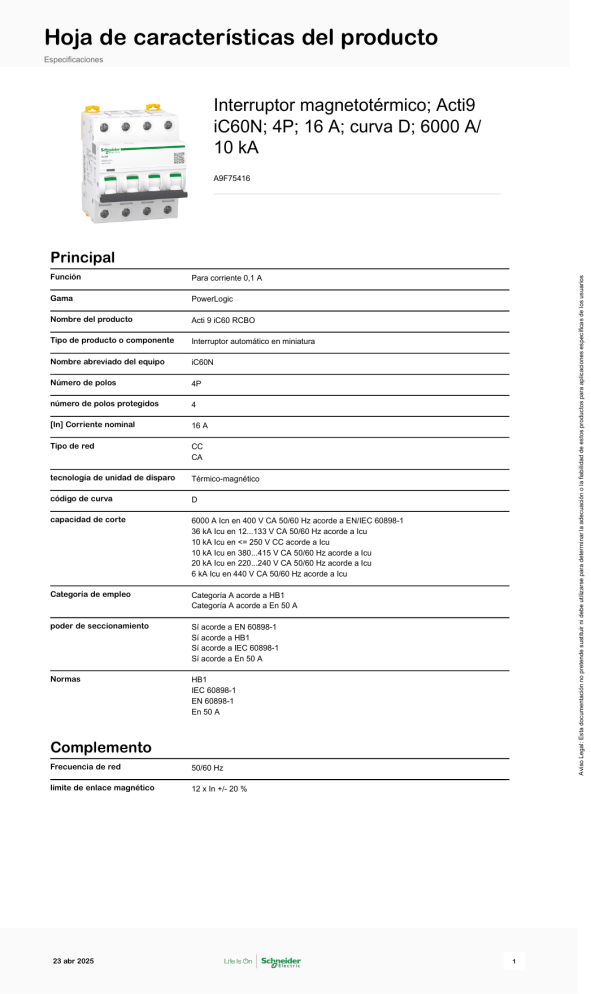 Hoja de datos del interruptor Acti9 iC60N