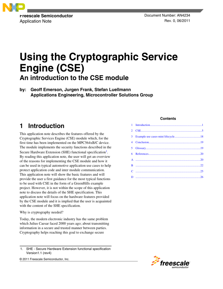 Freescale CSE: Cryptographic Service Engine for Automotive Security