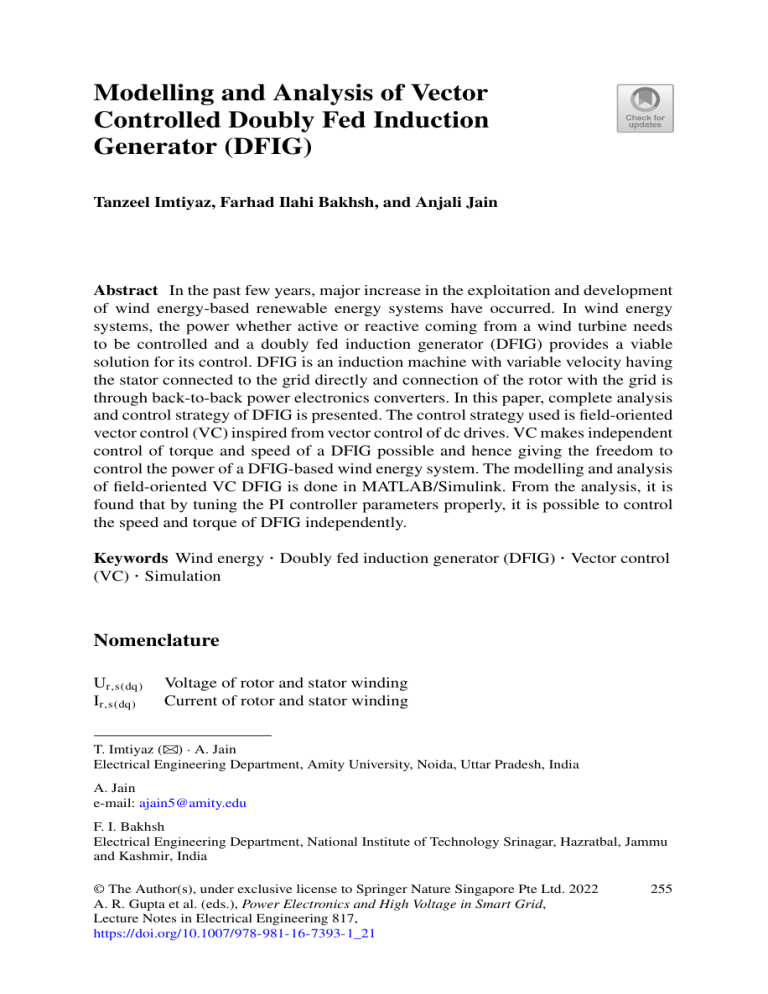 DFIG Vector Control: Modeling and Analysis in Wind Energy