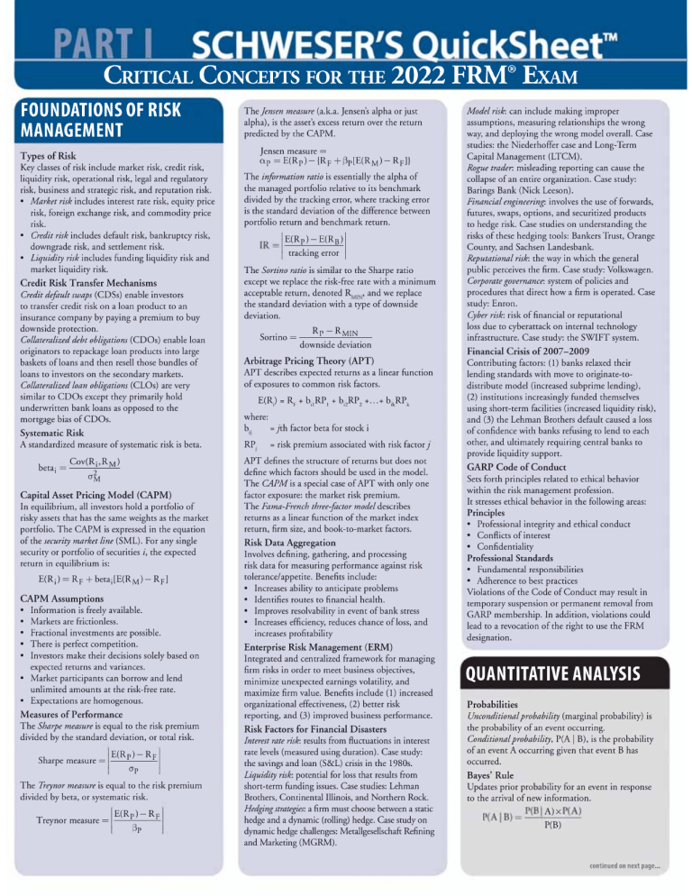 FRM Exam Prep: Risk Management & Quantitative Analysis QuickSheet