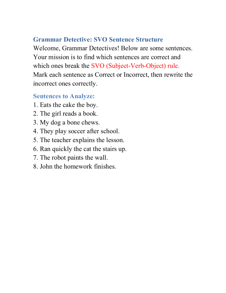 SVO Sentence Structure Worksheet