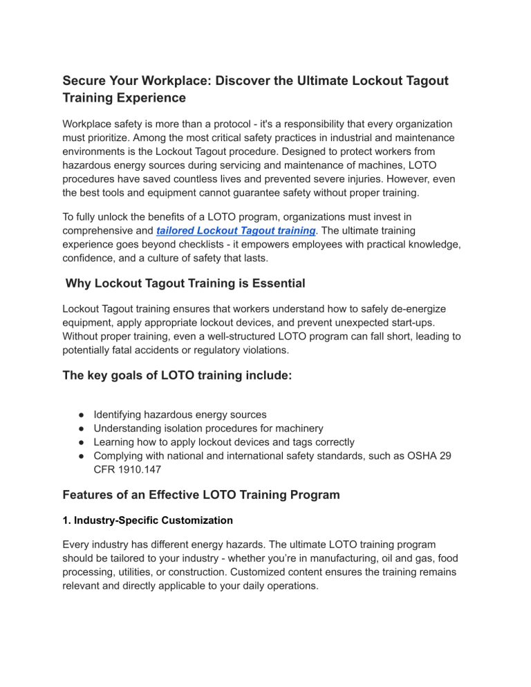 Lockout Tagout (LOTO) Training: Secure Your Workplace