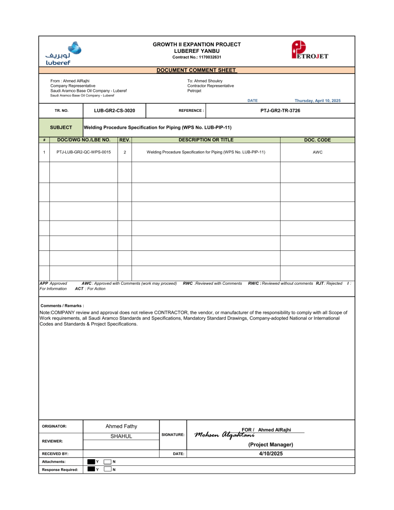 Welding Procedure Specification for Piping (WPS LUB-PIP-11) - Luberef ...